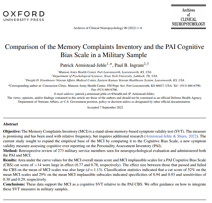 More Military Neuro Work: Examining the Memory Complaints Inventory ...